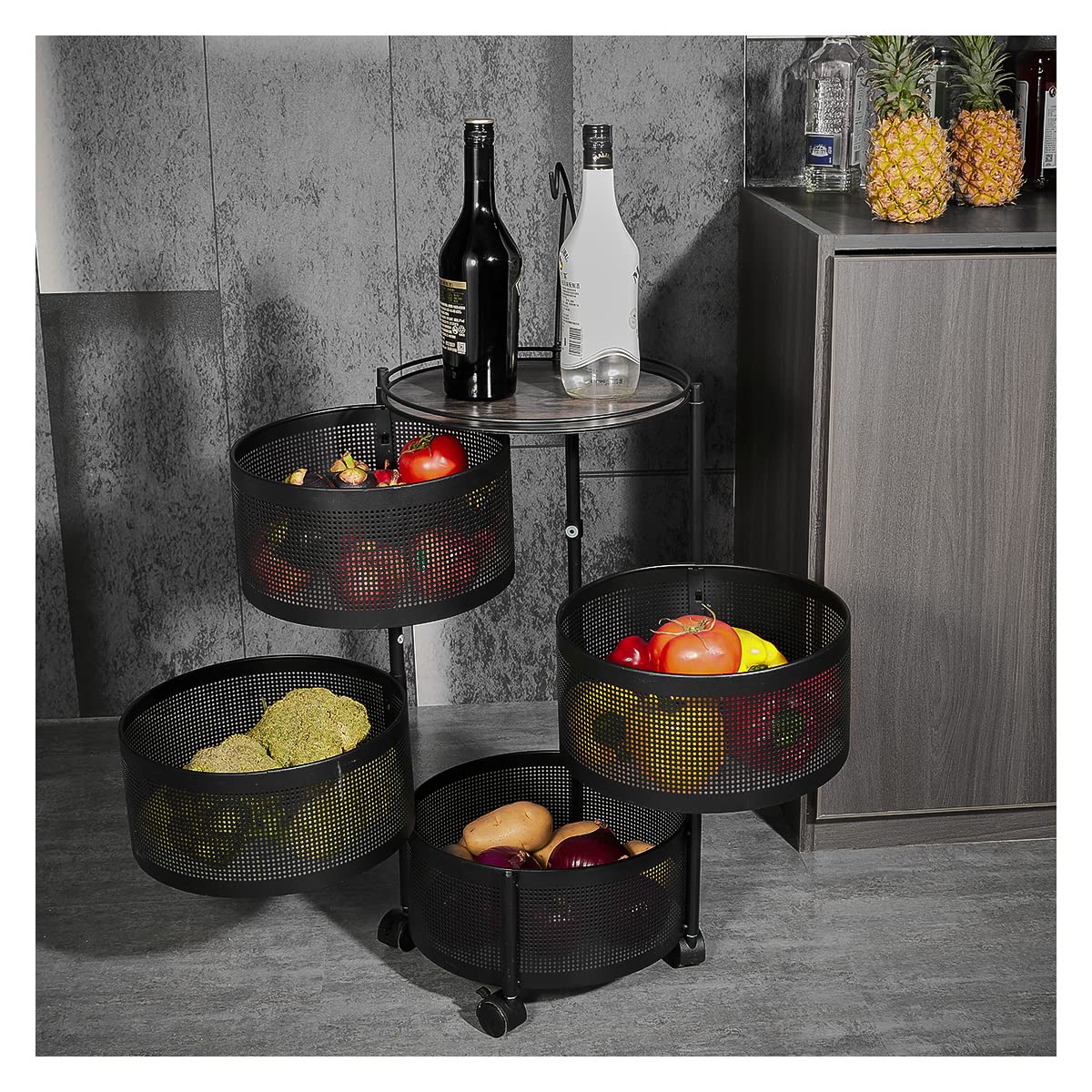 HOYRR Rotating storage rack for kitchen,Fruit Basket Rotating,Fruit Vegetable Kitchen Storage storage rack,Potatoes Storage Baskets with Wheels,Fruit Basket Stainless Steel Metal Material(4+1 Layer)