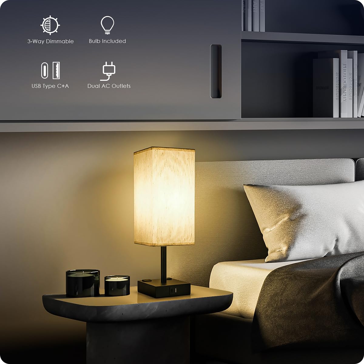 Touch Control Table Lamps Set of 2 - Nightstand Lamp for Bedroom with USB C+A Charging Ports & AC Outlets, 3-Way Dimmable Bedside Lamp Grey Fabric Shade for Bedroom Living Room, Office(Bulb Included)