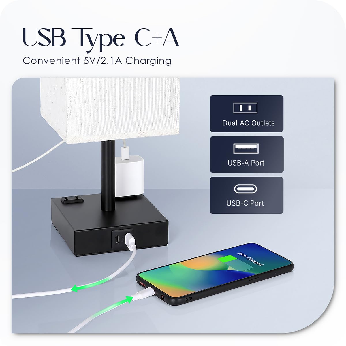 Touch Control Table Lamps Set of 2 - Nightstand Lamp for Bedroom with USB C+A Charging Ports & AC Outlets, 3-Way Dimmable Bedside Lamp Grey Fabric Shade for Bedroom Living Room, Office(Bulb Included)