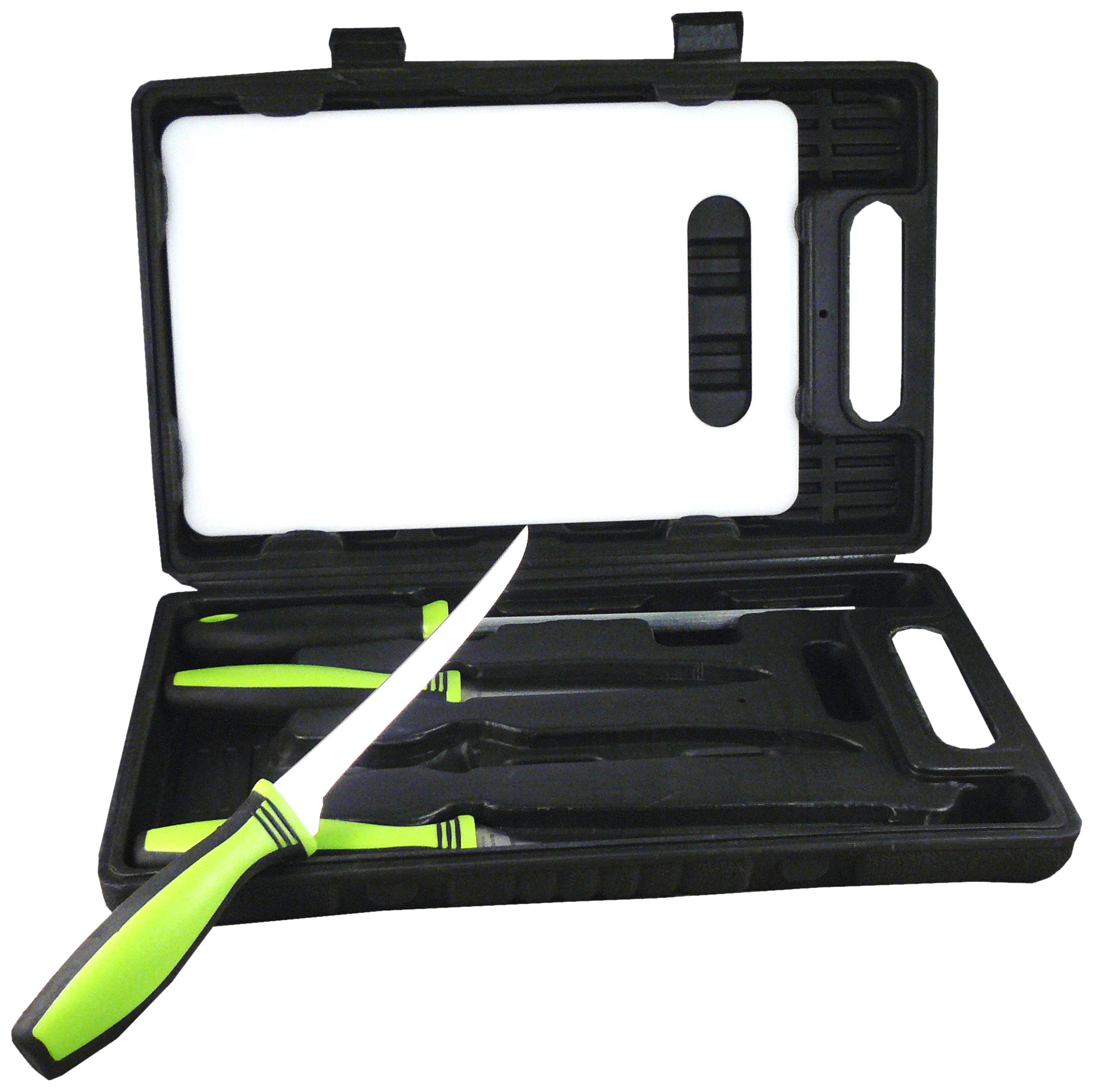 Sarge Knives SK-130 Fishing Kit with 6-Inch and 7-1/2-Inch Fillet knives, 4-3/4-Inch Blade Serrated Knife, Sharpener, Cutting Board and Carrying Case