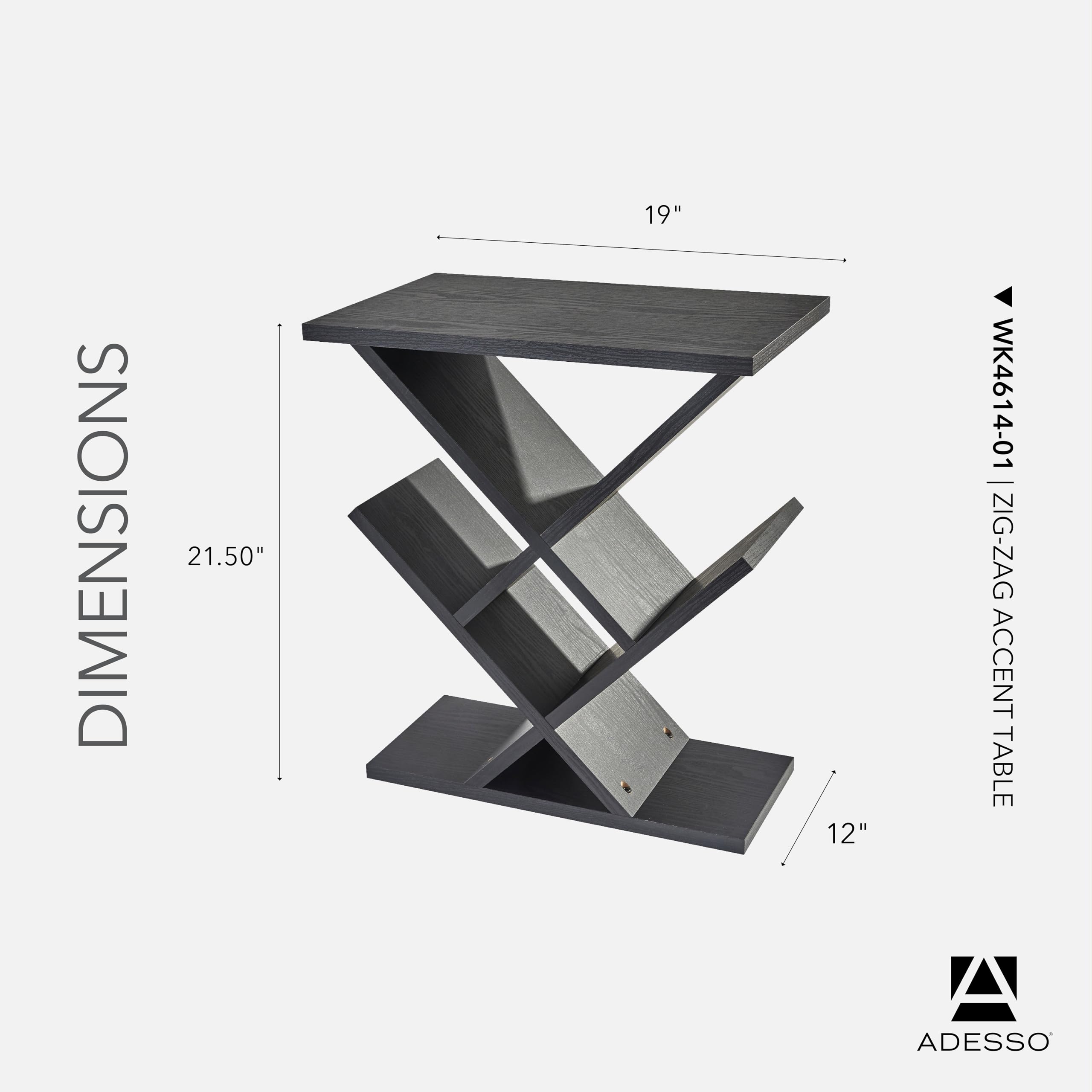 Adesso Zig-Zag Accent Table - Table Bookshelf - Storage Side Table. Home Furnishings and Decor , Black