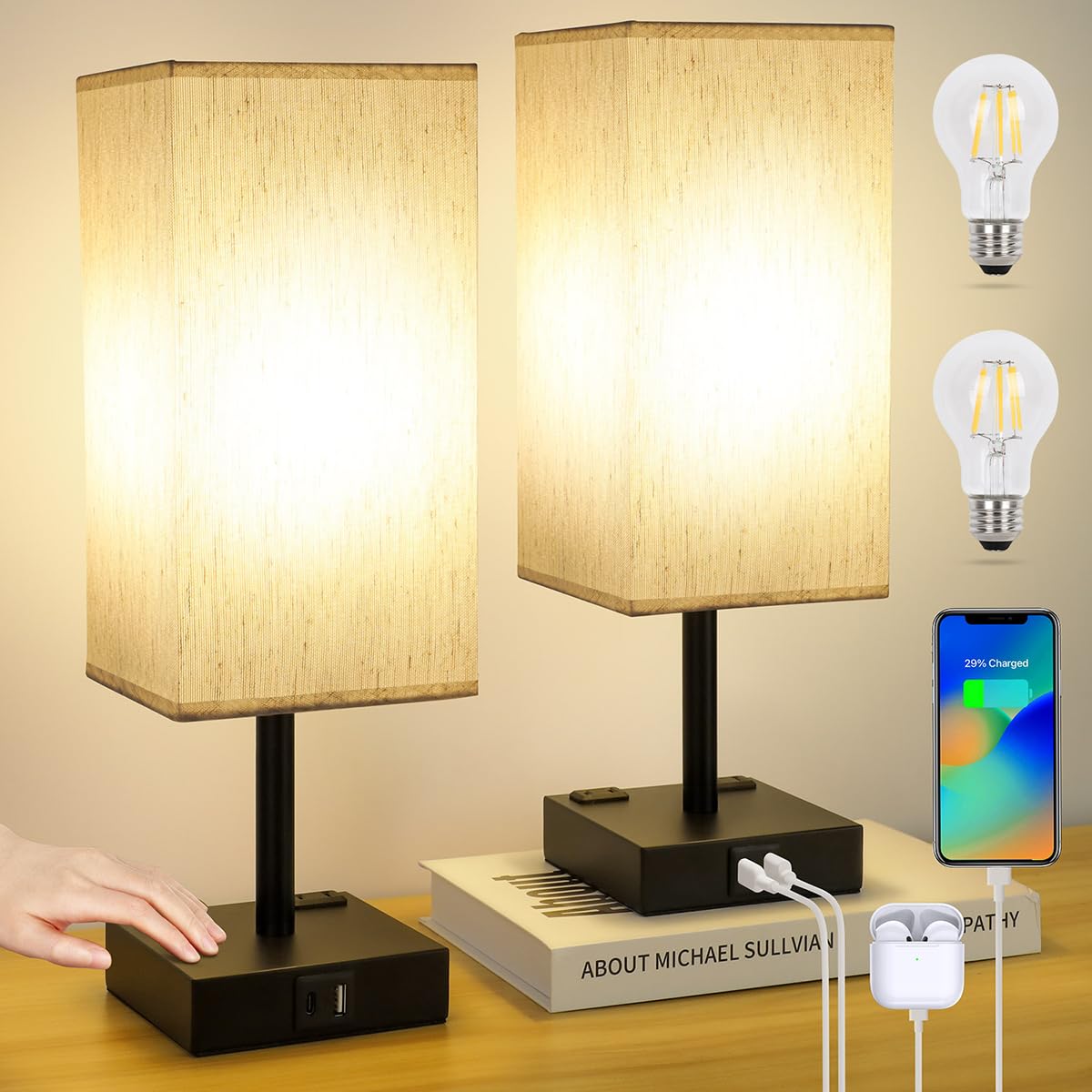 Touch Control Table Lamps Set of 2 - Nightstand Lamp for Bedroom with USB C+A Charging Ports & AC Outlets, 3-Way Dimmable Bedside Lamp Grey Fabric Shade for Bedroom Living Room, Office(Bulb Included)