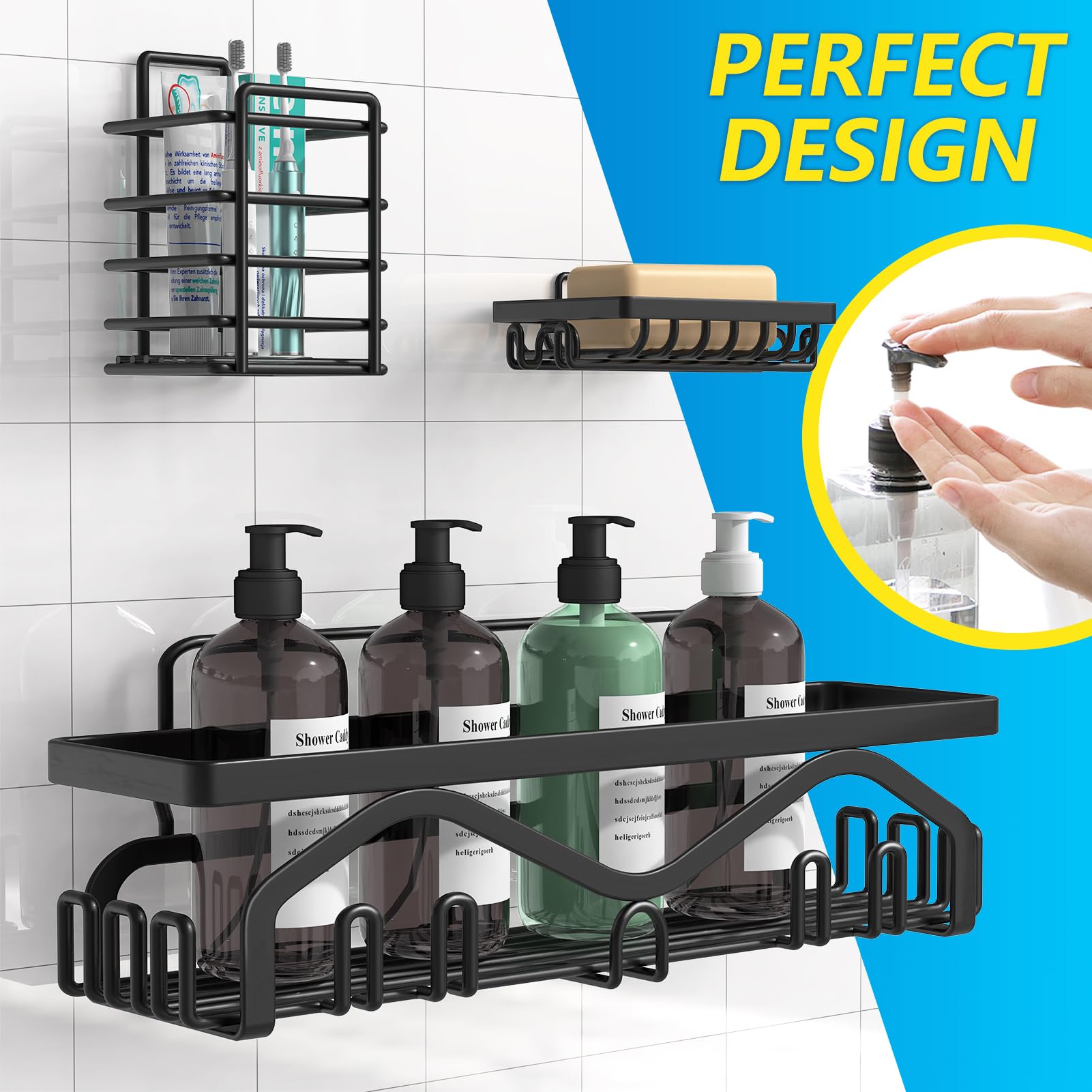 Coraje Shower Caddy, Shower Shelves [5-Pack], Adhesive Shower Organizer No Drilling, Large Capacity, Rustproof Stainless Steel Bathroom Shower Organizer, Shower Shelf for Inside Shower, Black