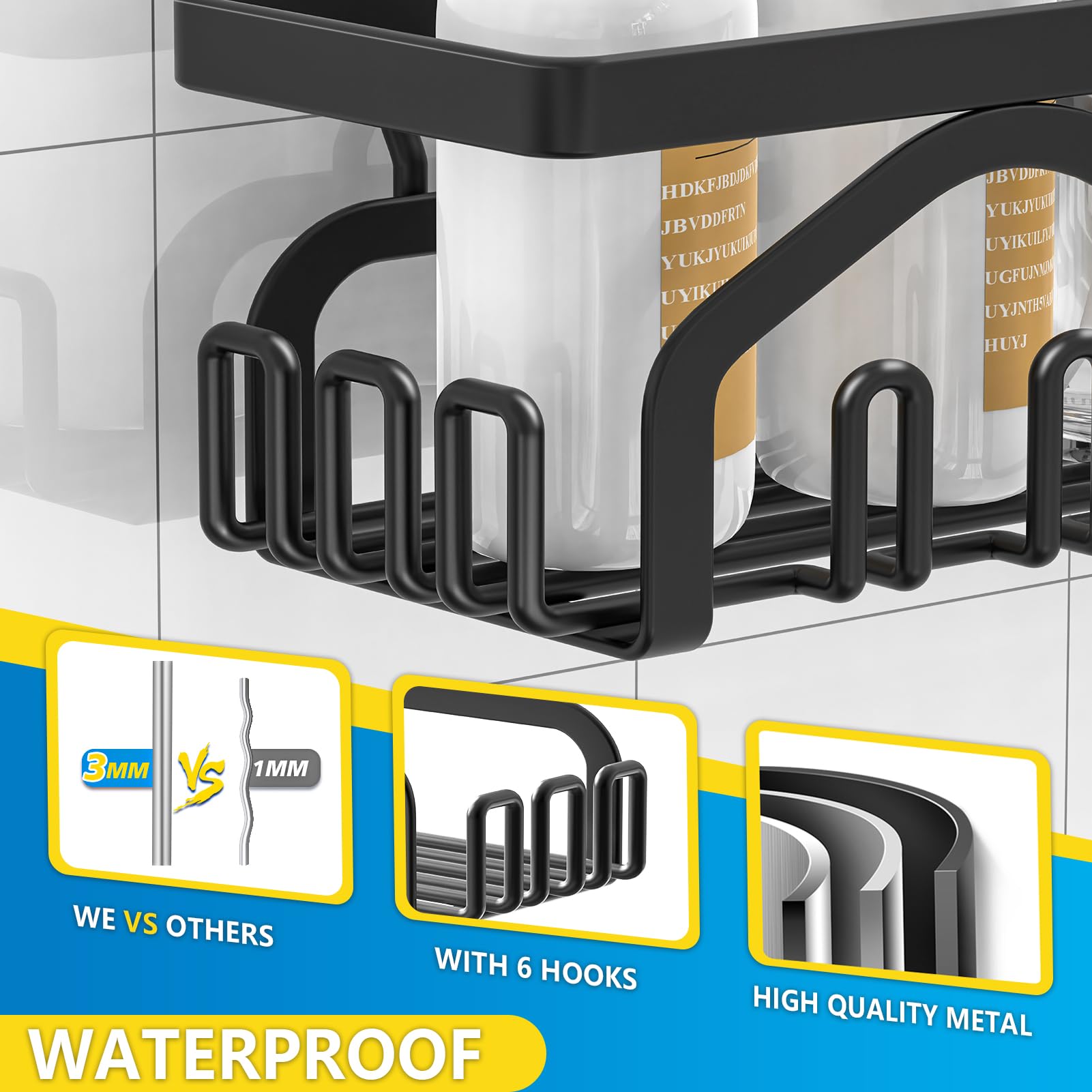 Coraje Shower Caddy, Shower Shelves [5-Pack], Adhesive Shower Organizer No Drilling, Large Capacity, Rustproof Stainless Steel Bathroom Shower Organizer, Shower Shelf for Inside Shower, Black