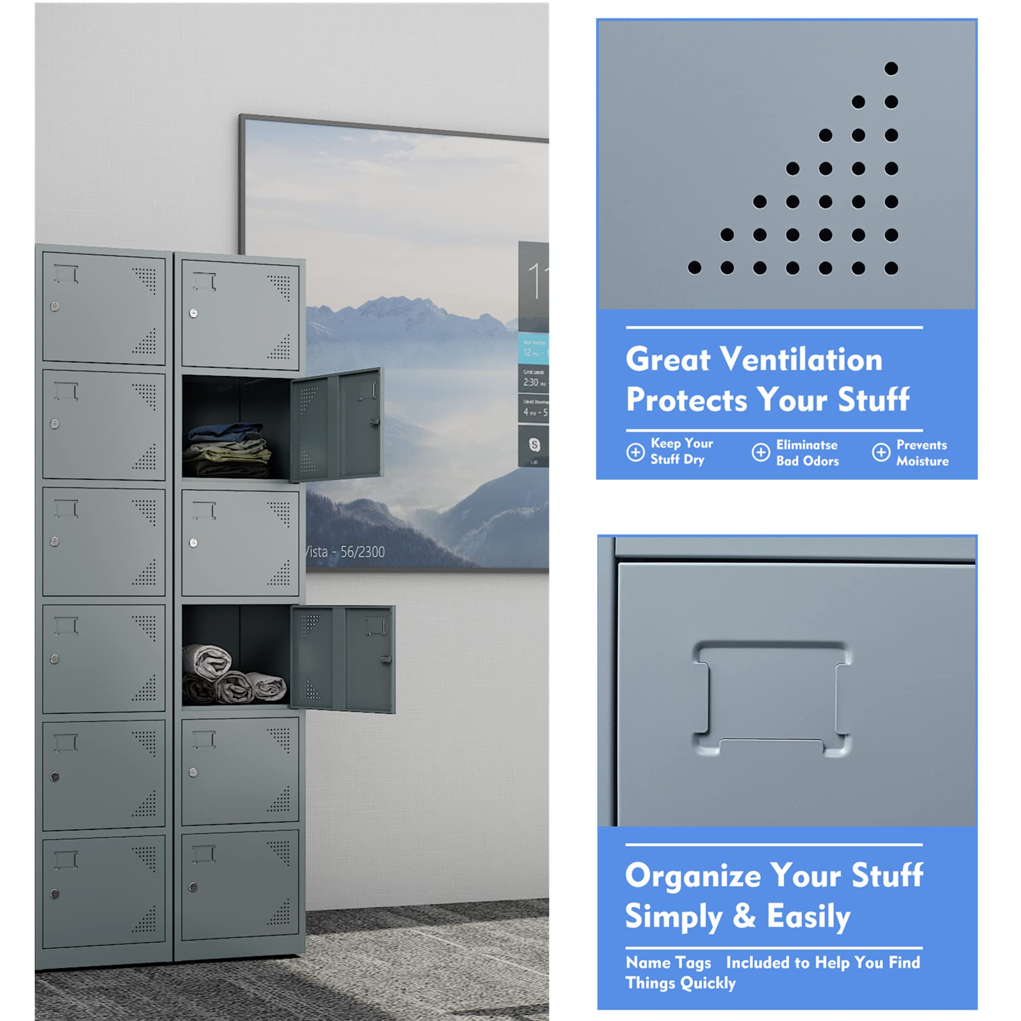 Yizosh Metal Locker with 6 Doors, Tall Steel Storage Lockers for Employees - 71" Locker Storage Cabinets for School, Gym, Home, Office, Garage (Grey)