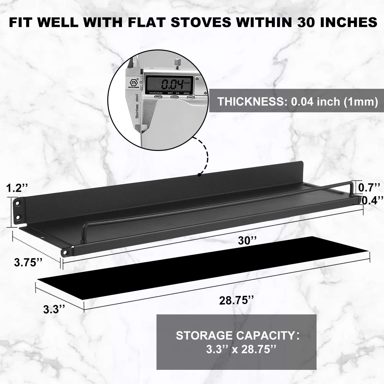 Shelf for Stove Top, Flaovoth 30ββ Shelf for Kitchen Stove Metal Over the Stove Spice Rack with Rail to Prevent Failing, Non Magnetic, Black