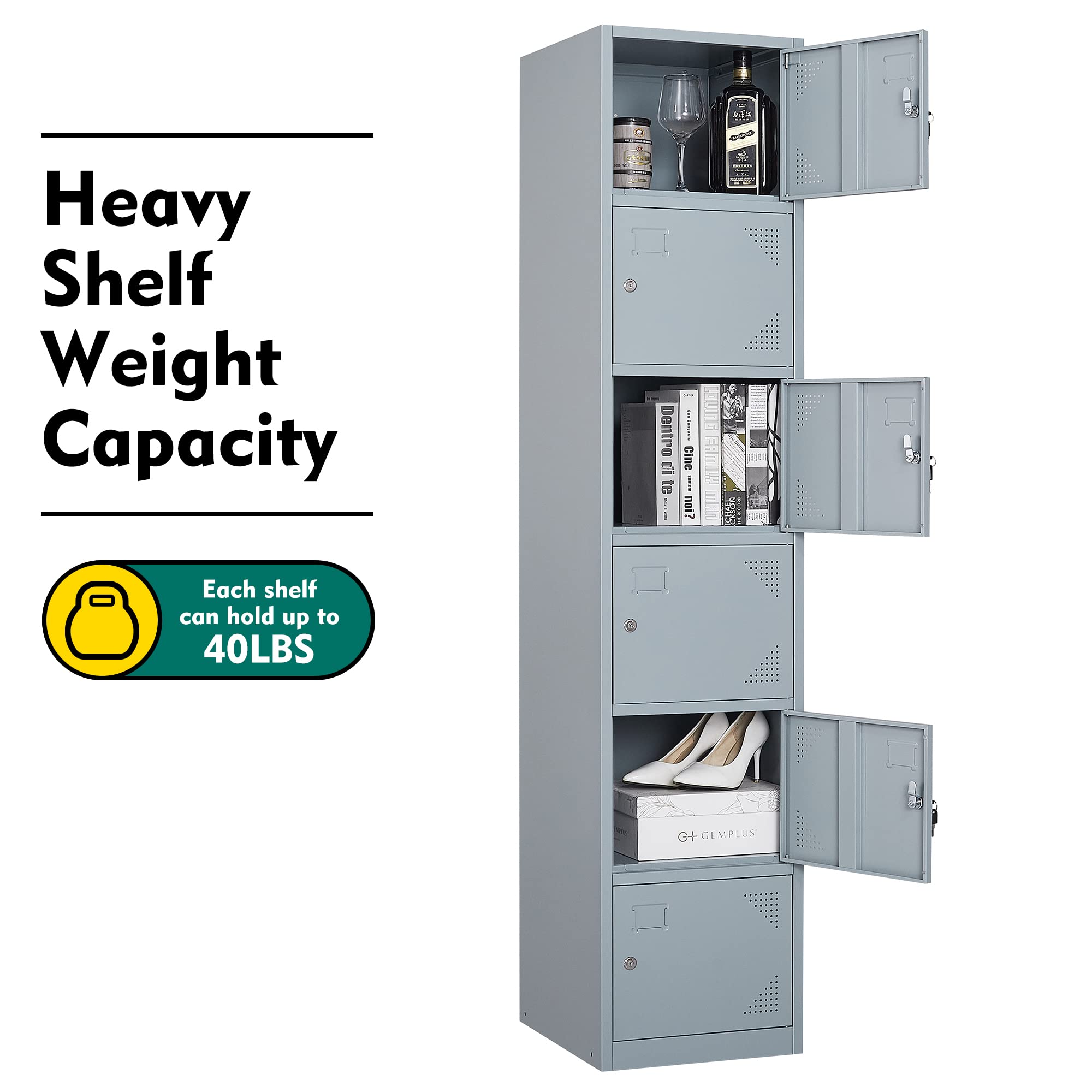 Yizosh Metal Locker with 6 Doors, Tall Steel Storage Lockers for Employees - 71" Locker Storage Cabinets for School, Gym, Home, Office, Garage (Grey)