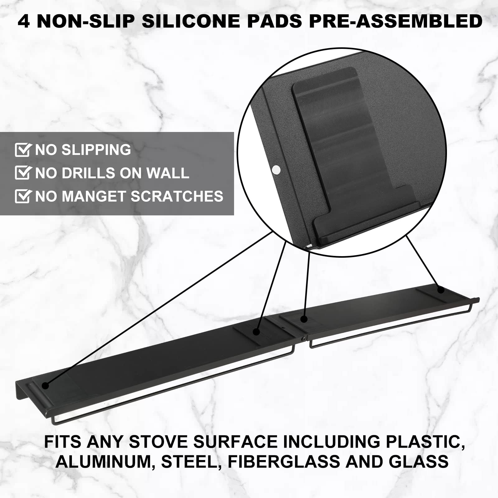 Shelf for Stove Top, Flaovoth 30ββ Shelf for Kitchen Stove Metal Over the Stove Spice Rack with Rail to Prevent Failing, Non Magnetic, Black