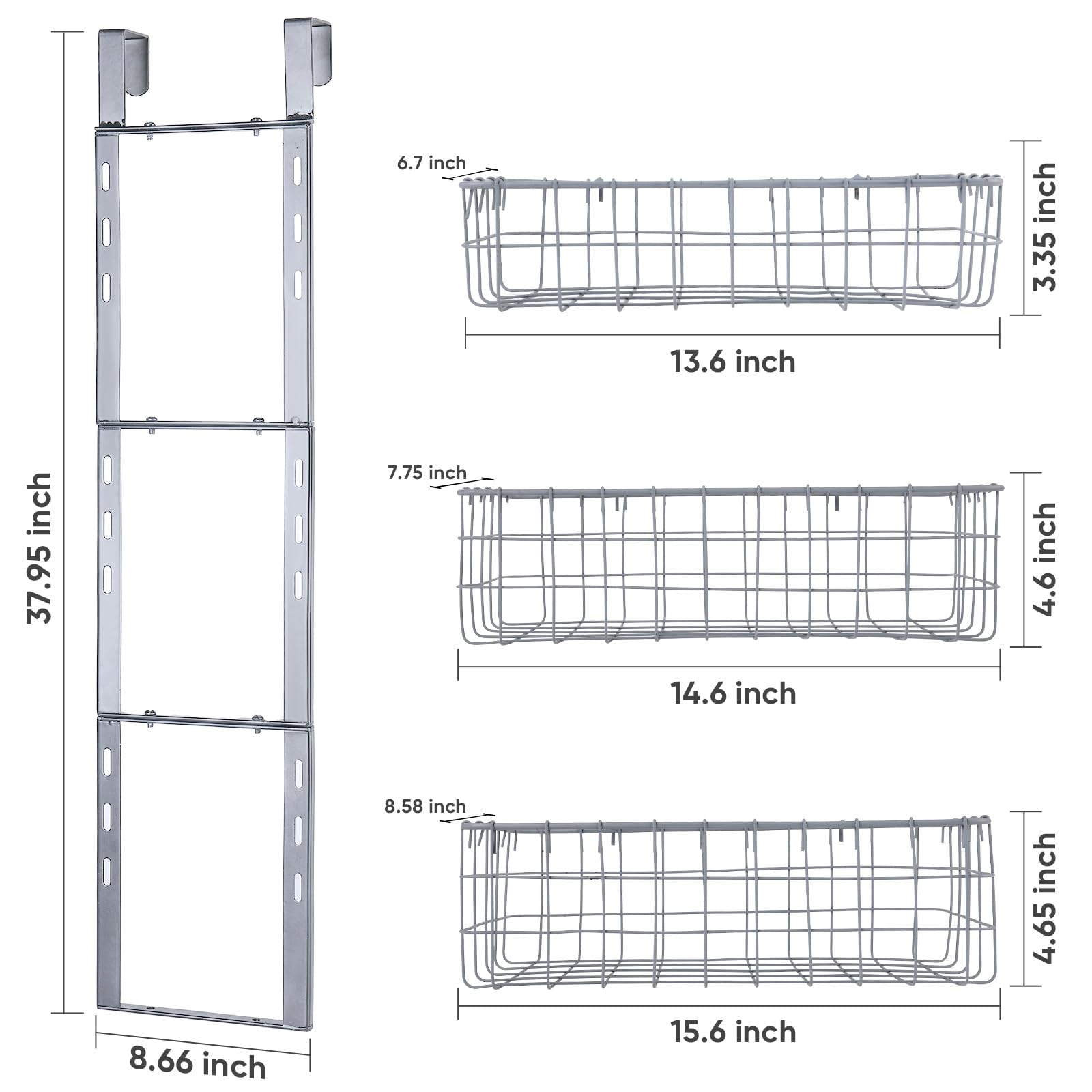 Detachable 3-Basket Over The Door Organizer, Heavy Duty Iron Hanging Shelf Door Back Storage Organizer Rack for Kitchen, Bathroom(Black).