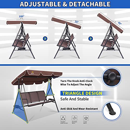 Nice C Patio Swing, Porch Swing Bench, Canopy Glider, with Adjustable Tilt, Three Seat (Brown)