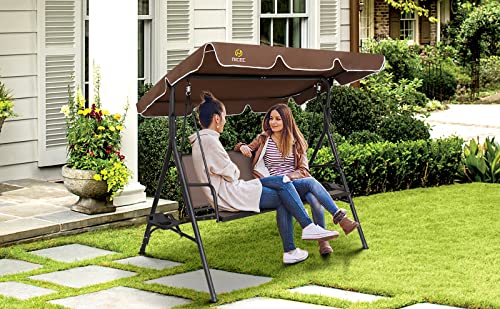Nice C Patio Swing, Porch Swing Bench, Canopy Glider, with Adjustable Tilt, Three Seat (Brown)