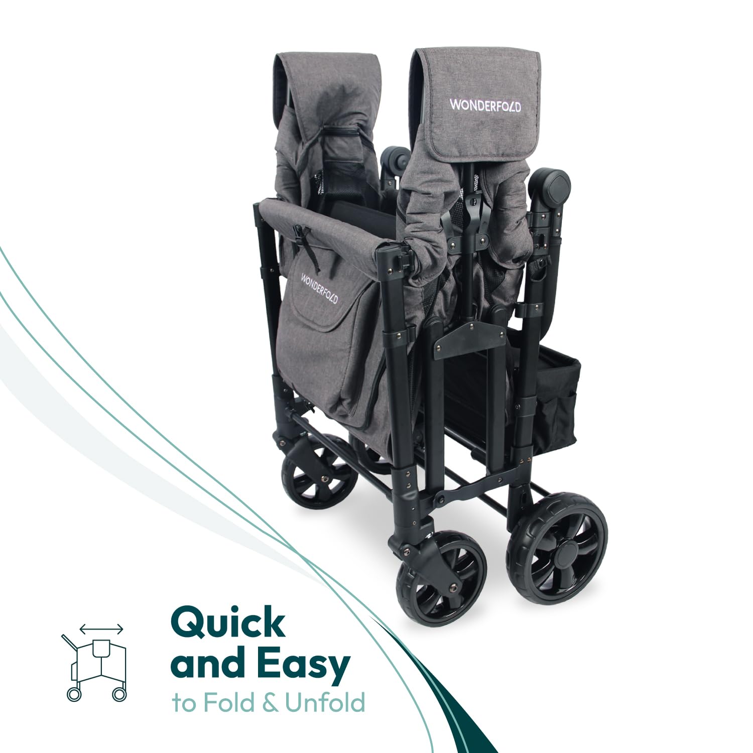 WONDERFOLD W4 Original Quad Stroller Wagon Featuring 4 High Face-to-Face Seats with 5-Point Harnesses, Easy Access Front Zipper Door, and Removable UV-Protection Canopy, Black