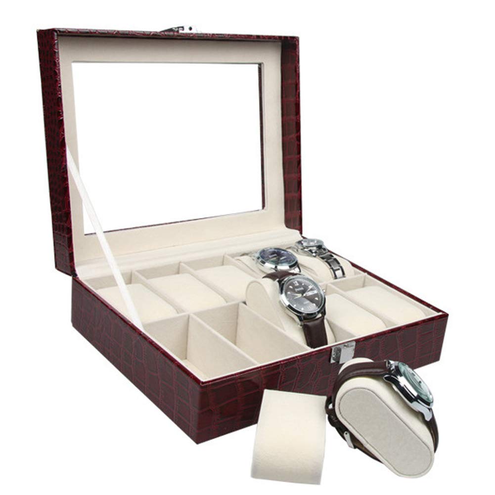 M.M.A 10 Grids Crocodile Skin Texture Watch Case Jujube Red Wrist Watch Display Box Pu Leather Jewelry Organizer Box with Glass Lid and Sponge Pillows