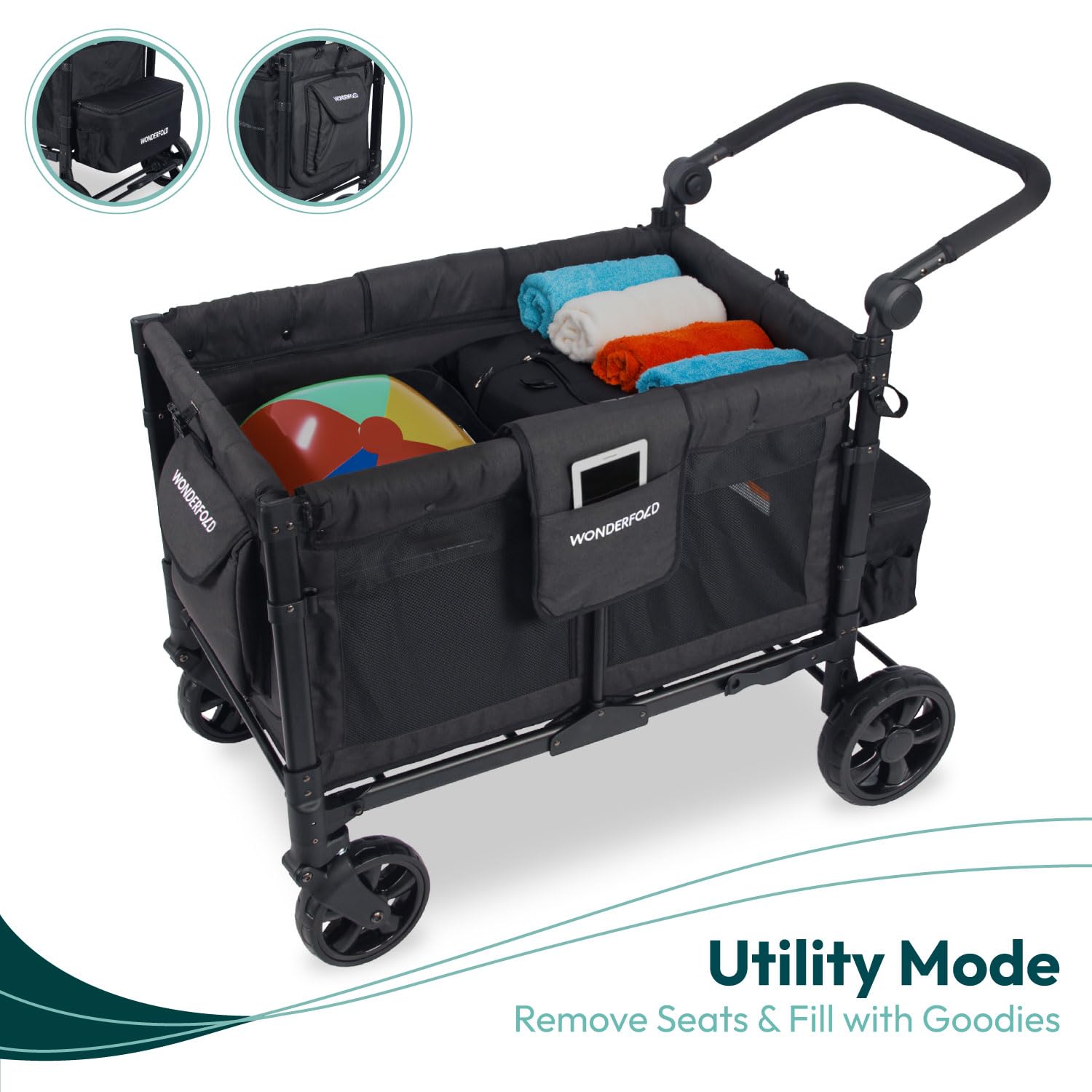WONDERFOLD W4 Original Quad Stroller Wagon Featuring 4 High Face-to-Face Seats with 5-Point Harnesses, Easy Access Front Zipper Door, and Removable UV-Protection Canopy, Black