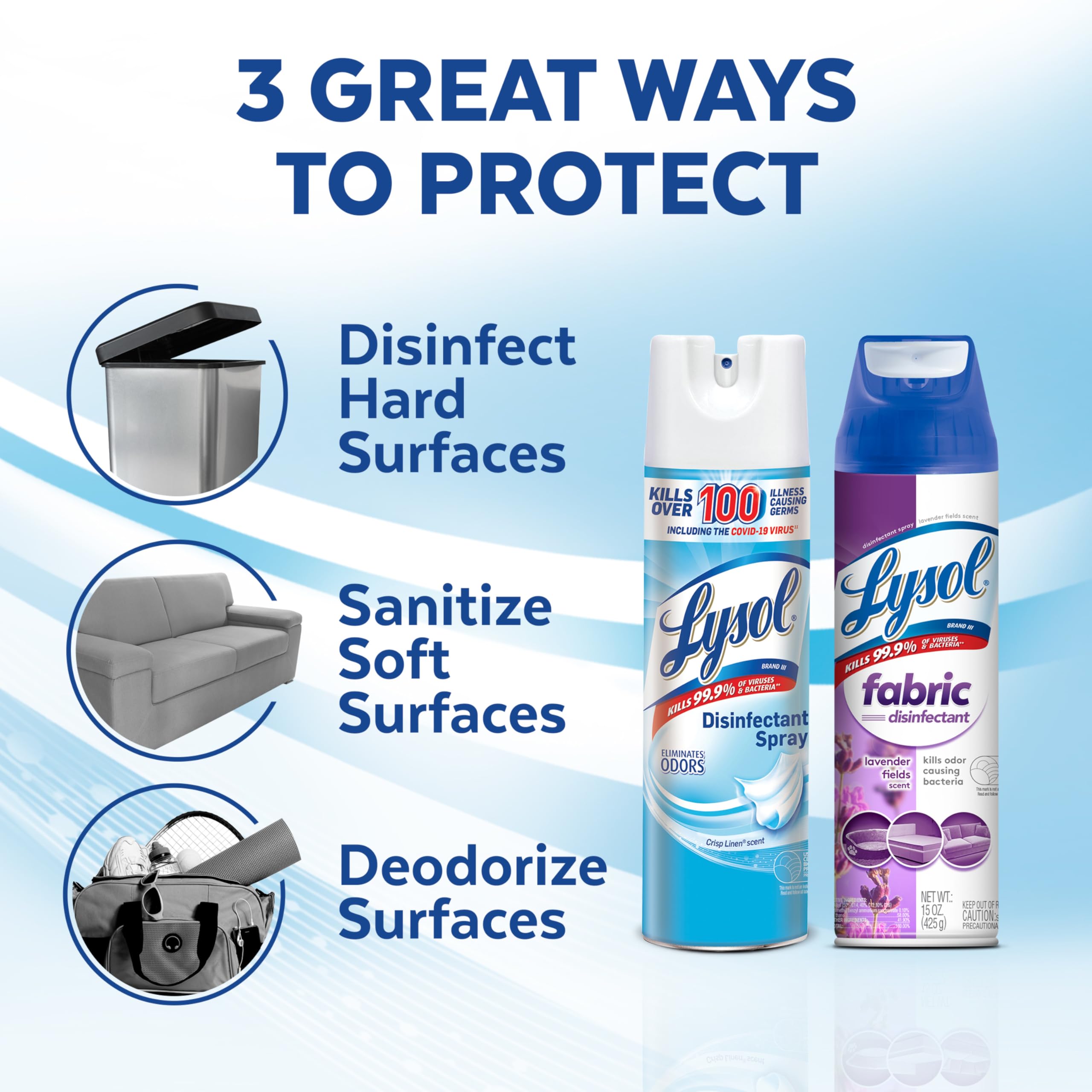 Lysol Disinfectant Spray + Fabric Disinfectant, Sanitizing and Antibacterial Spray, For Disinfecting and Deodorizing, Crisp Linen + Lavender Fields, 2 count (19 oz each) + 1 count (15 oz)