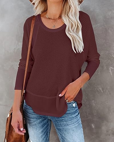 SOLERSUN Womens Waffle Knit Tops Long Sleeve Crewneck Casual Loose Blouses Lightweight Pullover Jumper 2023 Fall Jujube red M