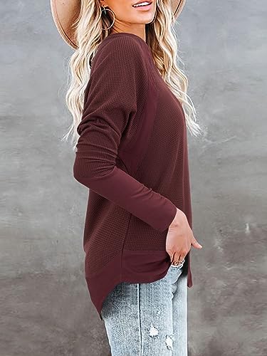 SOLERSUN Womens Waffle Knit Tops Long Sleeve Crewneck Casual Loose Blouses Lightweight Pullover Jumper 2023 Fall Jujube red M