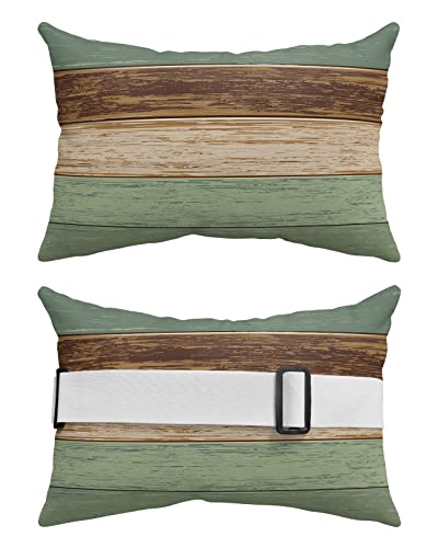 Recliner Head Pillow Ledge Loungers Chair Pillows with Insert Vintage Sage Green Brown Wood Grain Farm Lumbar Pillow with Adjustable Strap Outdoor Waterproof Patio Pillows for Beach Pool, 2 PCS