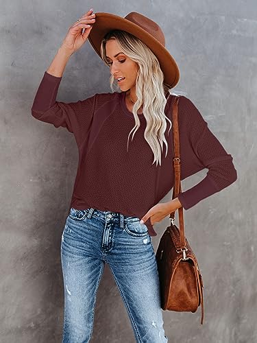 SOLERSUN Womens Waffle Knit Tops Long Sleeve Crewneck Casual Loose Blouses Lightweight Pullover Jumper 2023 Fall Jujube red M