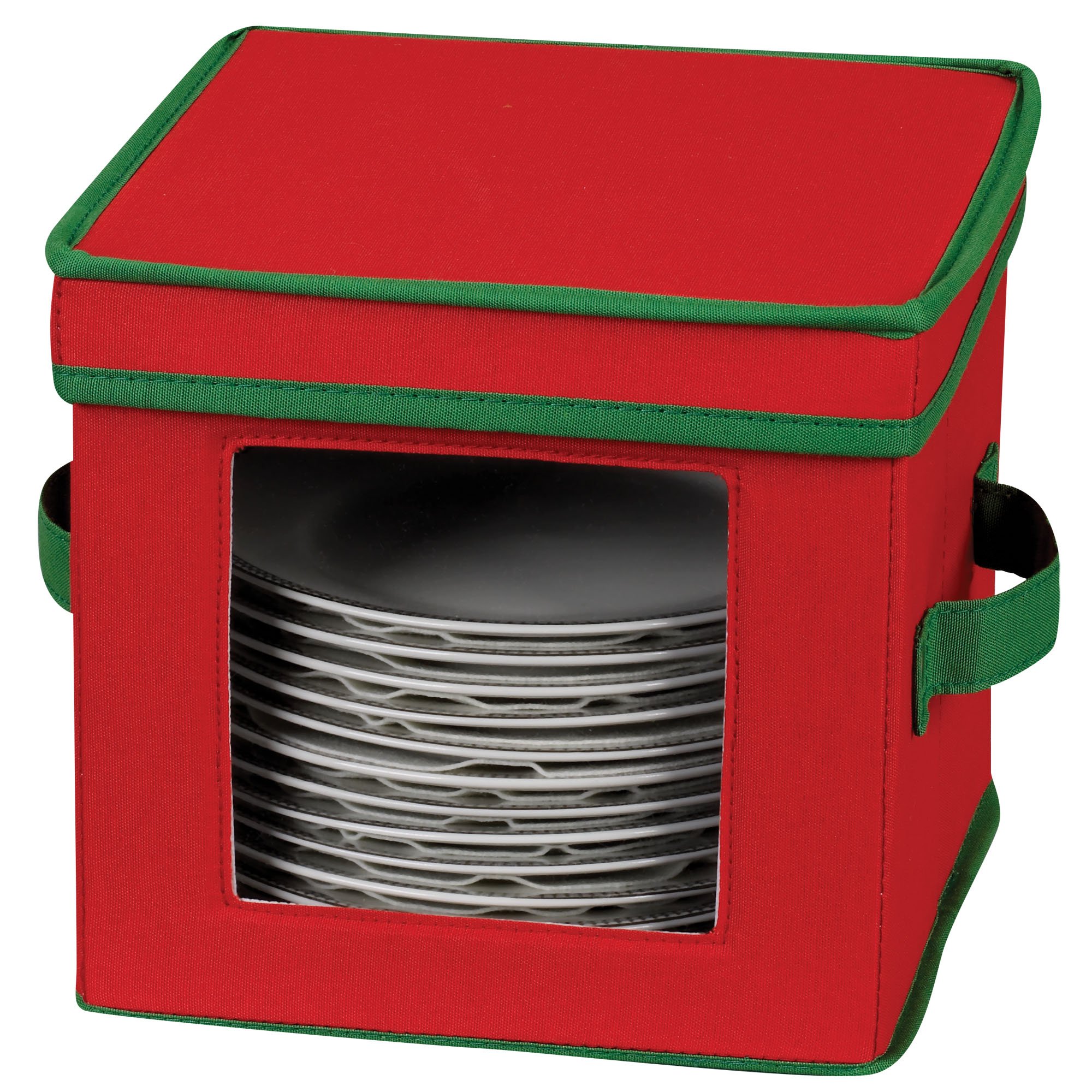 Household Essentials 532RED Holiday China Dinnerware Storage for Dessert Plates or Bowls | Removable Lid | Red Canvas with Green Trim, Red & Green