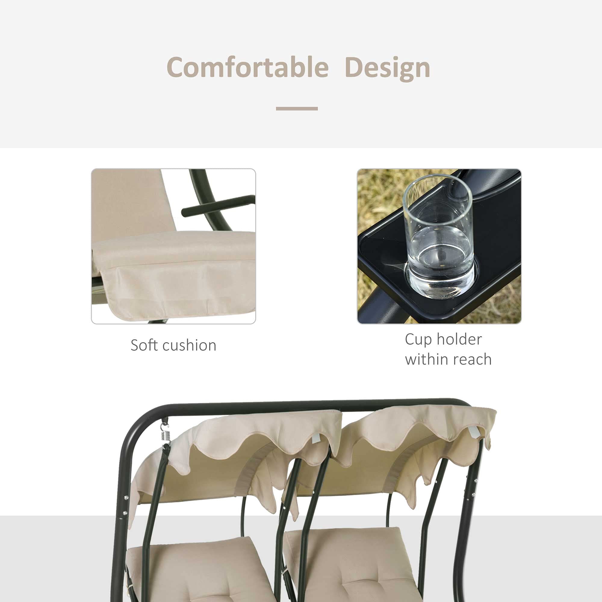 Outsunny Patio Swing Chair with 2 Separate Seats, Outdoor Swing Glider with Removable Canopy and Cup Holders, for Porch, Garden, Poolside, Backyard, Beige