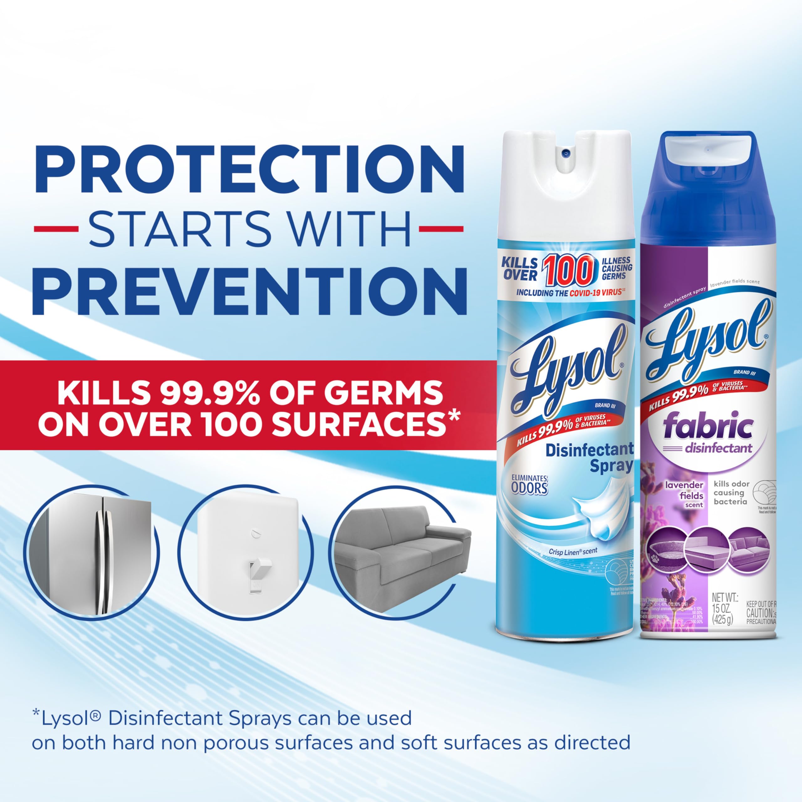Lysol Disinfectant Spray + Fabric Disinfectant, Sanitizing and Antibacterial Spray, For Disinfecting and Deodorizing, Crisp Linen + Lavender Fields, 2 count (19 oz each) + 1 count (15 oz)