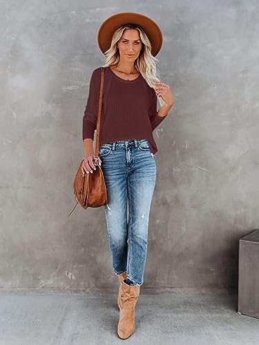 SOLERSUN Womens Waffle Knit Tops Long Sleeve Crewneck Casual Loose Blouses Lightweight Pullover Jumper 2023 Fall Jujube red M