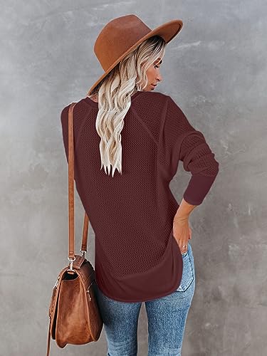 SOLERSUN Womens Waffle Knit Tops Long Sleeve Crewneck Casual Loose Blouses Lightweight Pullover Jumper 2023 Fall Jujube red M