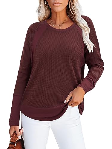 SOLERSUN Womens Waffle Knit Tops Long Sleeve Crewneck Casual Loose Blouses Lightweight Pullover Jumper 2023 Fall Jujube red M