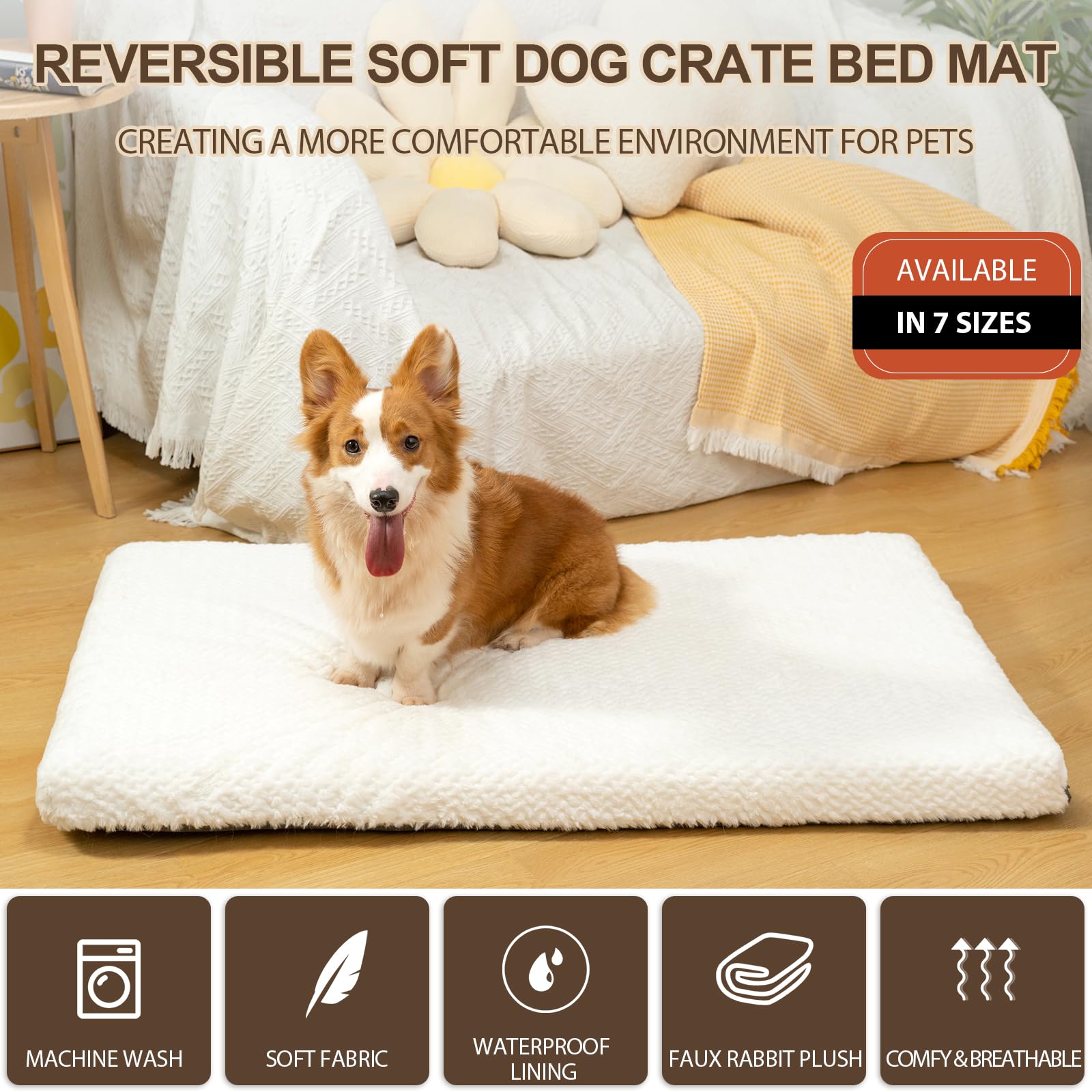 EMPSIGN Dog Bed Crate Pad for Small Dogs, Deluxe Fluffy Plush Machine Washable Dog Mat, Crate Pet Beds with Removable Cover, Dog Sleeping Mat Cushion Bed, 23"x 16"x3", White