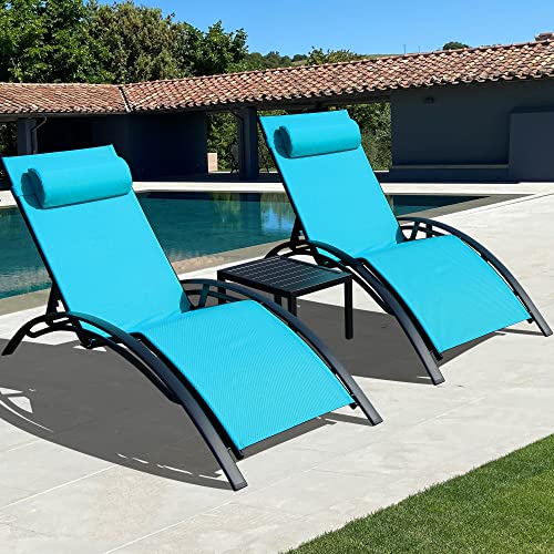 MIRSION Lounge Chair and Side Table Set of 3, Patio Chair for Outside in Swimming Pool, Beach Chaise Lounge Outdoor Recliner with Arm (Light Blue)