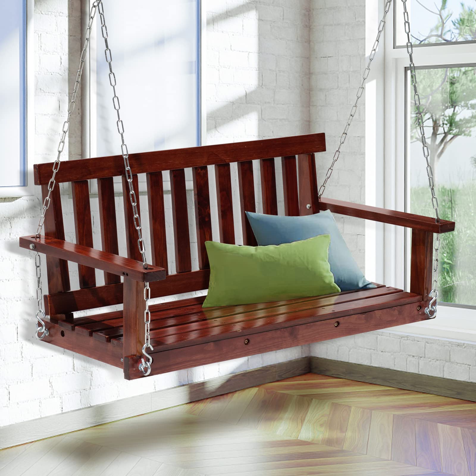48 inch Wooden Porch Swings Heavy Duty Outdoor Bench Swing for Adults Durable Solid Wood Two Person Seating Patio Hanging Swing with Adjustable Hanging Chains & Fixing Screw, 800 LBS Weight Capacity