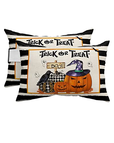 Recliner Head Pillow Ledge Loungers Chair Pillows with Insert Trick or Treat Pumpkin on Rustic Stripes Lumbar Pillow with Adjustable Strap Outdoor Waterproof Patio Pillows for Beach Pool, 2 PCS
