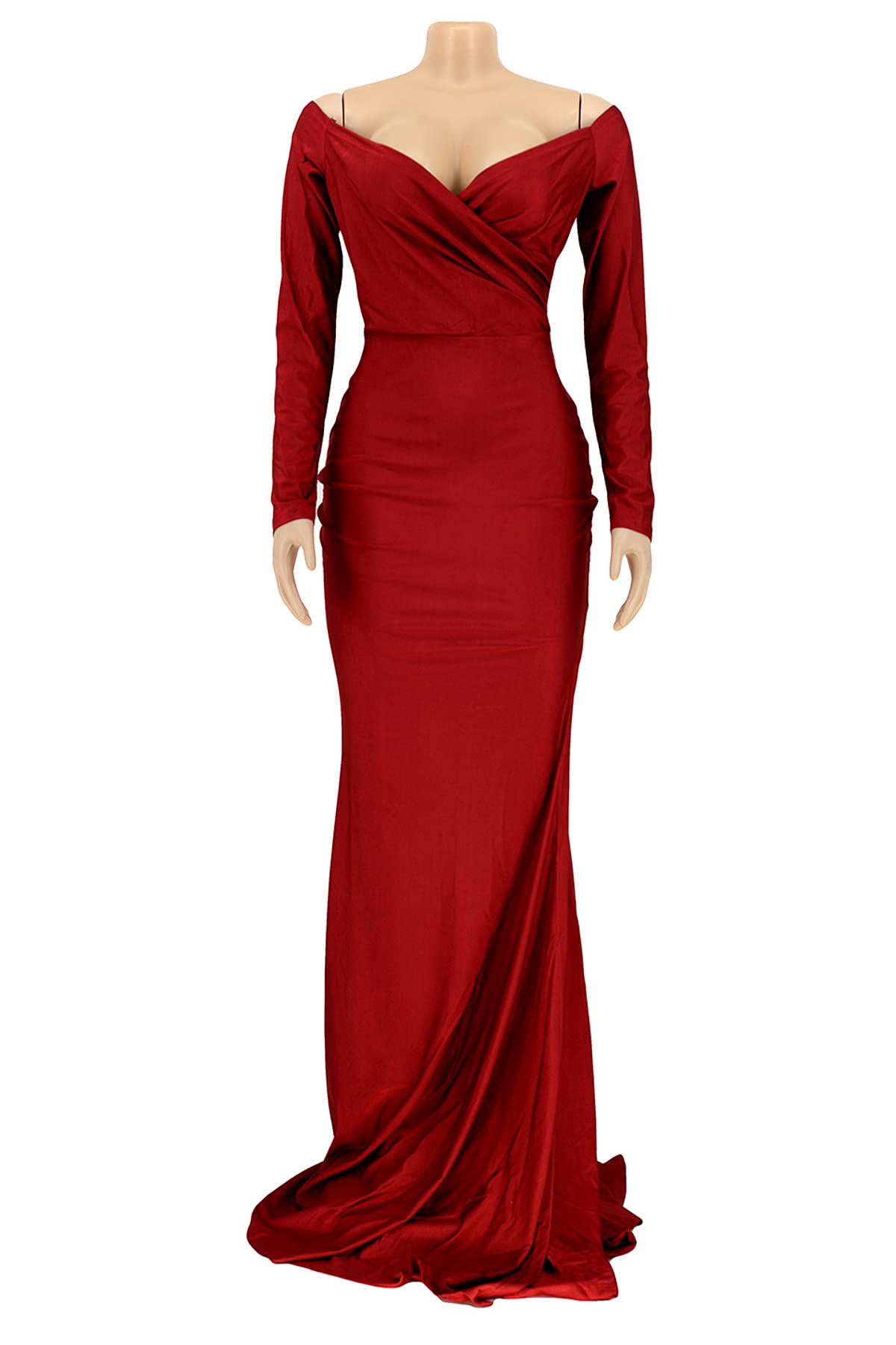 Vakkest Womens Sexy Long Sleeve Off Shoulder V Neck Wrap Side Split Bodycon Cocktail Party Maxi Dress