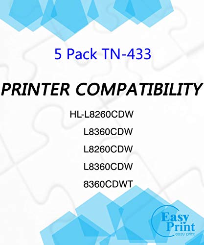 (5-Pack, 2X BK/C/M/Y) Compatible TN-433BK TN-433C TN-433M TN-433Y Toner Cartridge TN-433 for Brother HL8260CDN L8360CDW TL9310CDW MFC-L8690CDW L8610CDW Printer, Sold by EasyPrint