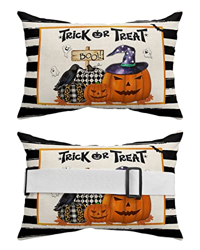Recliner Head Pillow Ledge Loungers Chair Pillows with Insert Trick or Treat Pumpkin on Rustic Stripes Lumbar Pillow with Adjustable Strap Outdoor Waterproof Patio Pillows for Beach Pool, 2 PCS