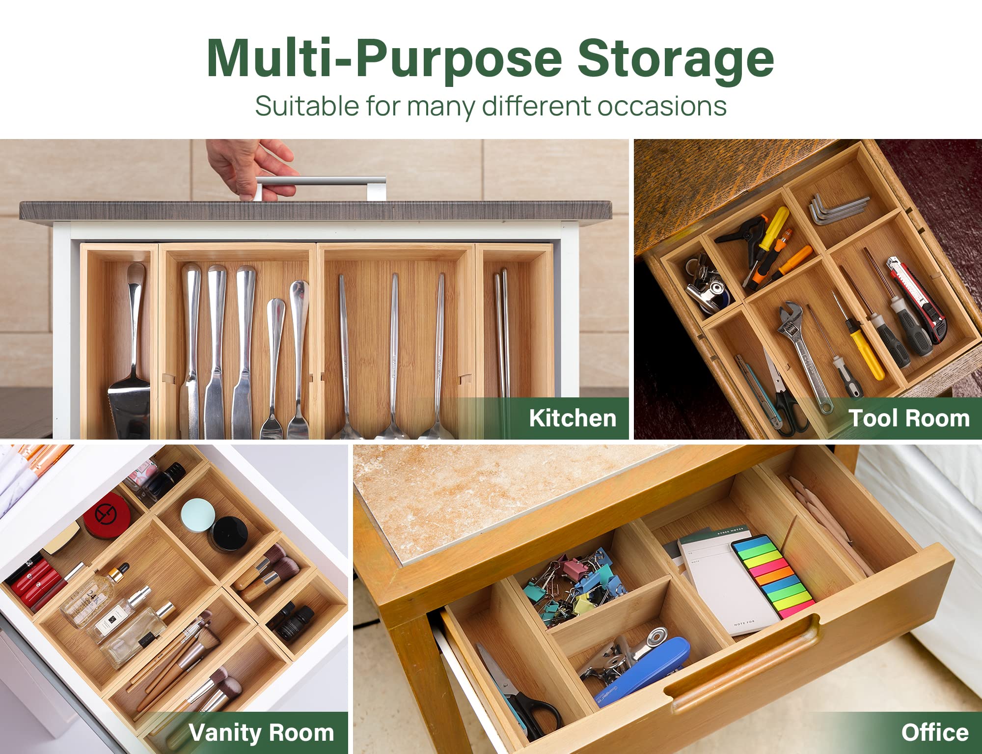 Kootek 6 Pcs Bamboo Drawer Organizer Utensil Tray Kitchen Storage Box 3-Size Versatile Dividers Cutlery Holders Bins Containers for Flatware Kitchen Utensils