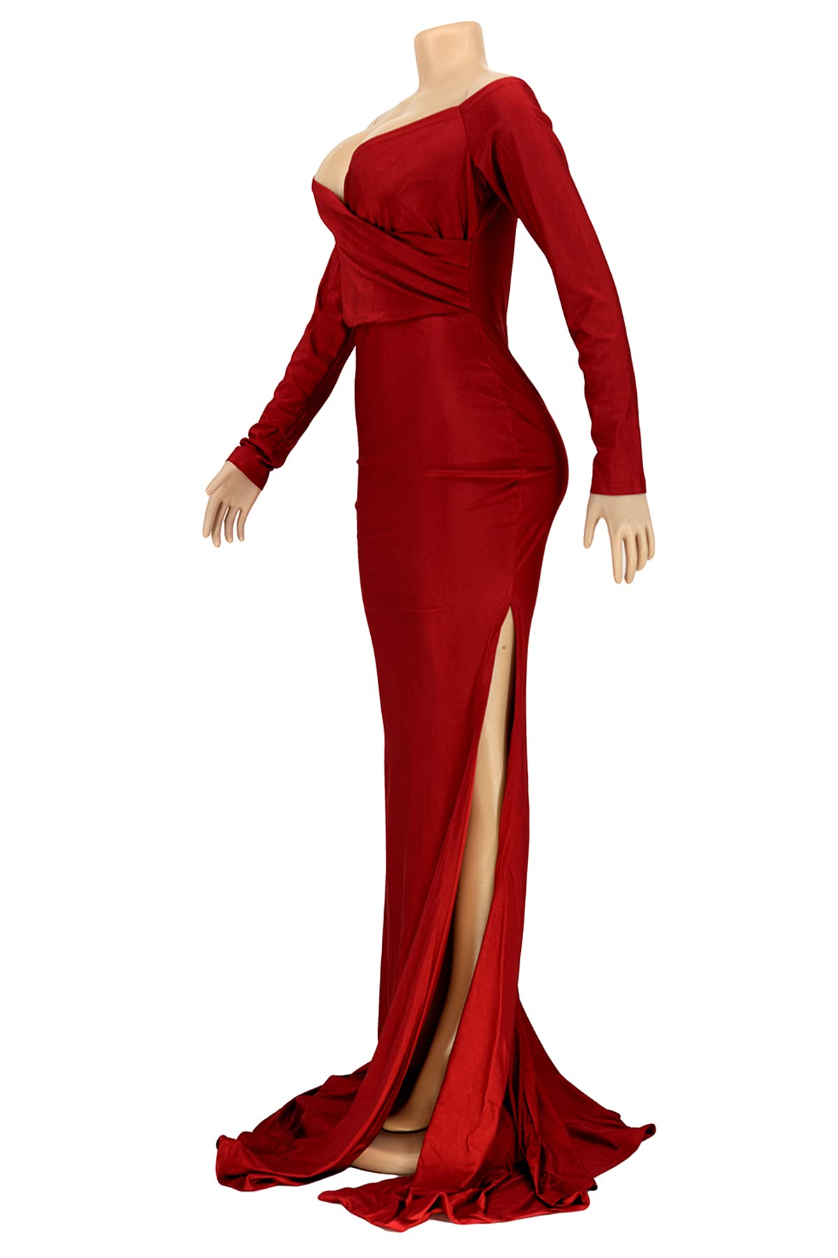 Vakkest Womens Sexy Long Sleeve Off Shoulder V Neck Wrap Side Split Bodycon Cocktail Party Maxi Dress