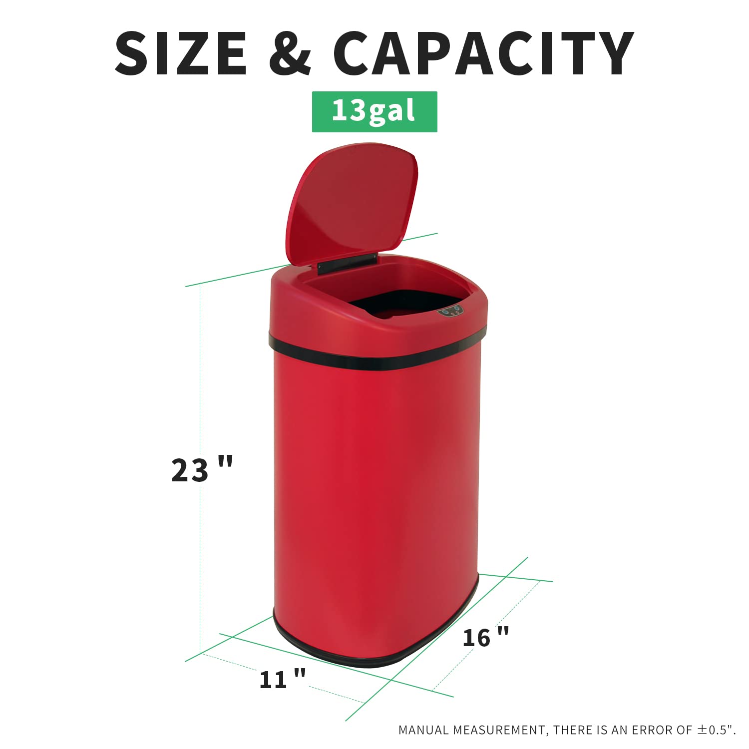 HCY Kitchen Trash Can 13 Gallon Automatic Metal Garbage Can Stainless Steel Waste Bin with Lid Smart for Kitchen,Office,Living Room,Bathroom(Red), 16 inches(L)x11 inches(W)x25 inches(H)