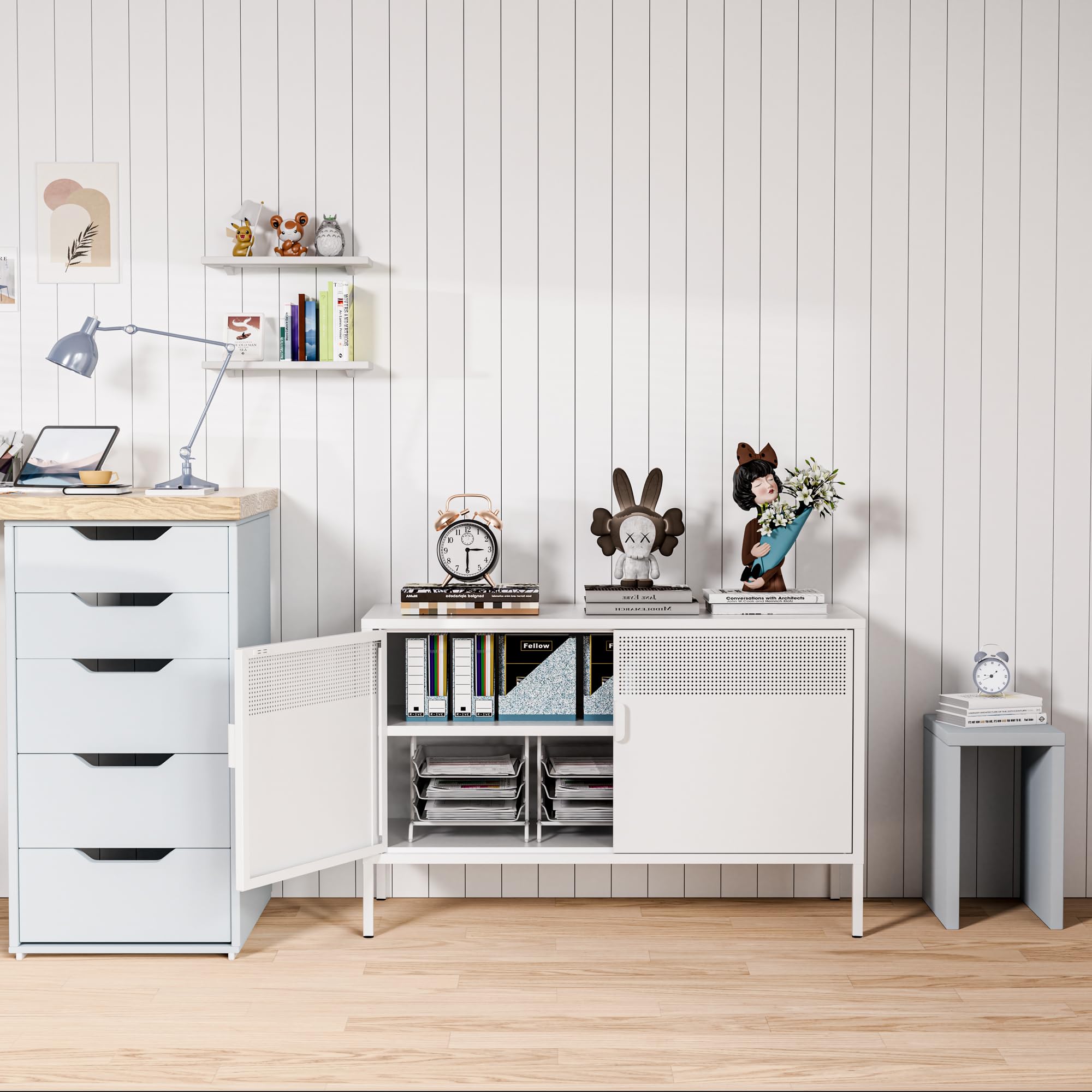 Washsemba 2 Door Metal Accent Cabinet,White Metal Storage Cabinet with Adjustable Shelf,2-Tier Office Cabinet,Multipurpose Metal Locker Storage Cabinet for Office Home(White, 25''H)