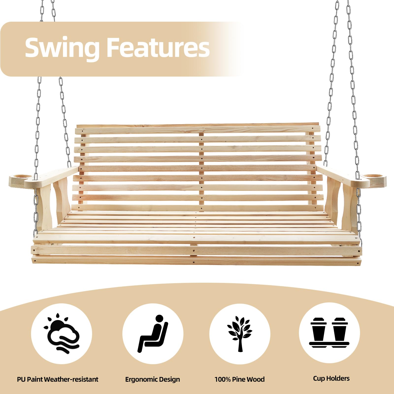 Beneouya Porch Swing Outdoor, 5.5FT Heavy Duty 800lbs Wooden Hanging Swing Bench with Cupholders and Hanging Chains for Front Porch Garden Deck Patio Backyard Balcony