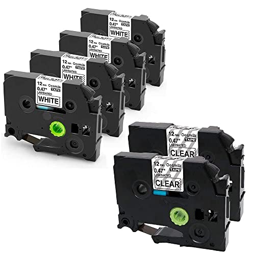 Black on Clear/White Label Tape Replacement for TZE-131 TZ-231 Brother Ptouch Laminated Tape 12mm 0.47 Inch, 6-Pack