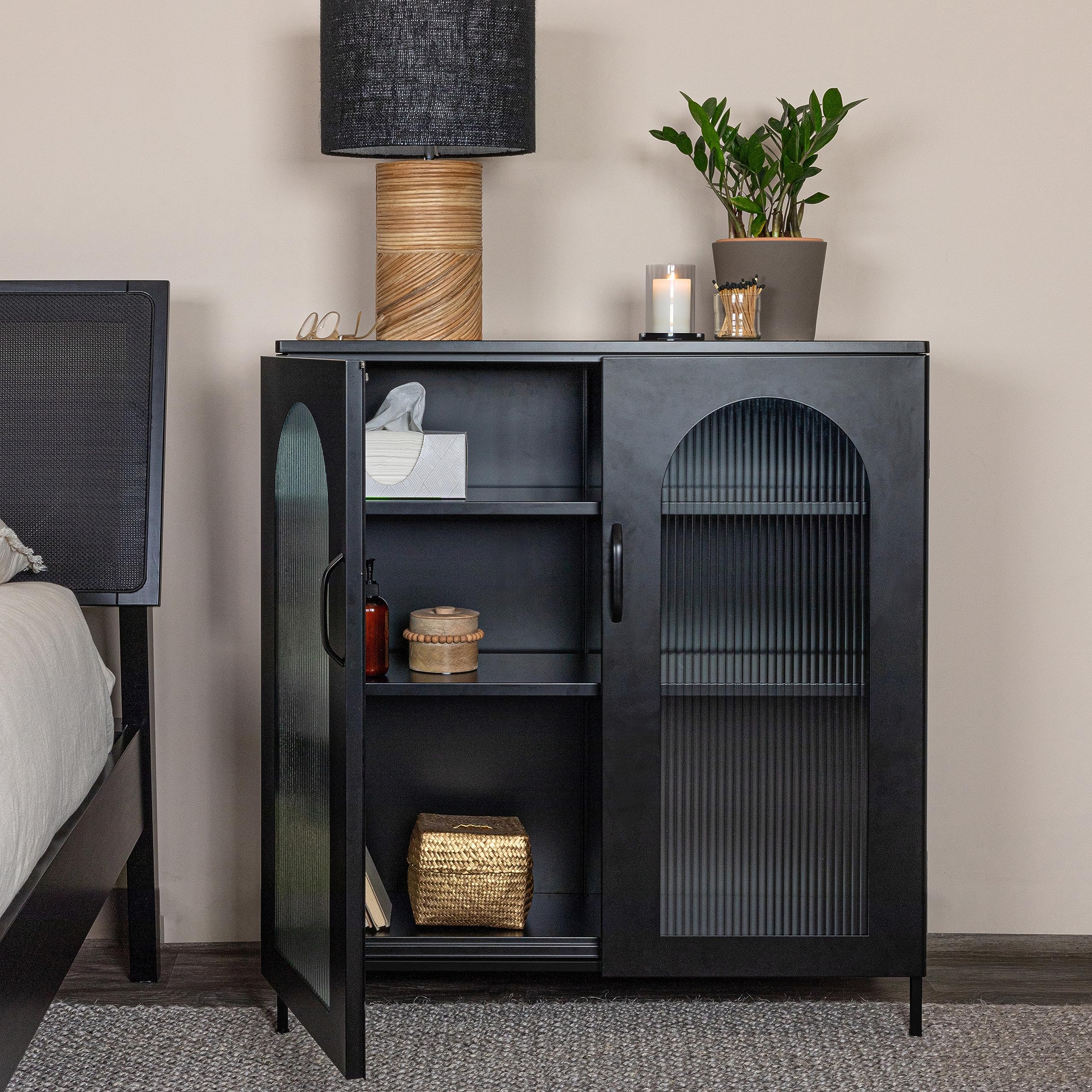 Creative Co-Op Solstice Wide Metal 2 Adjustable Storage Shelves and Arched Glass Door, Black Accent Cabinet, 40"