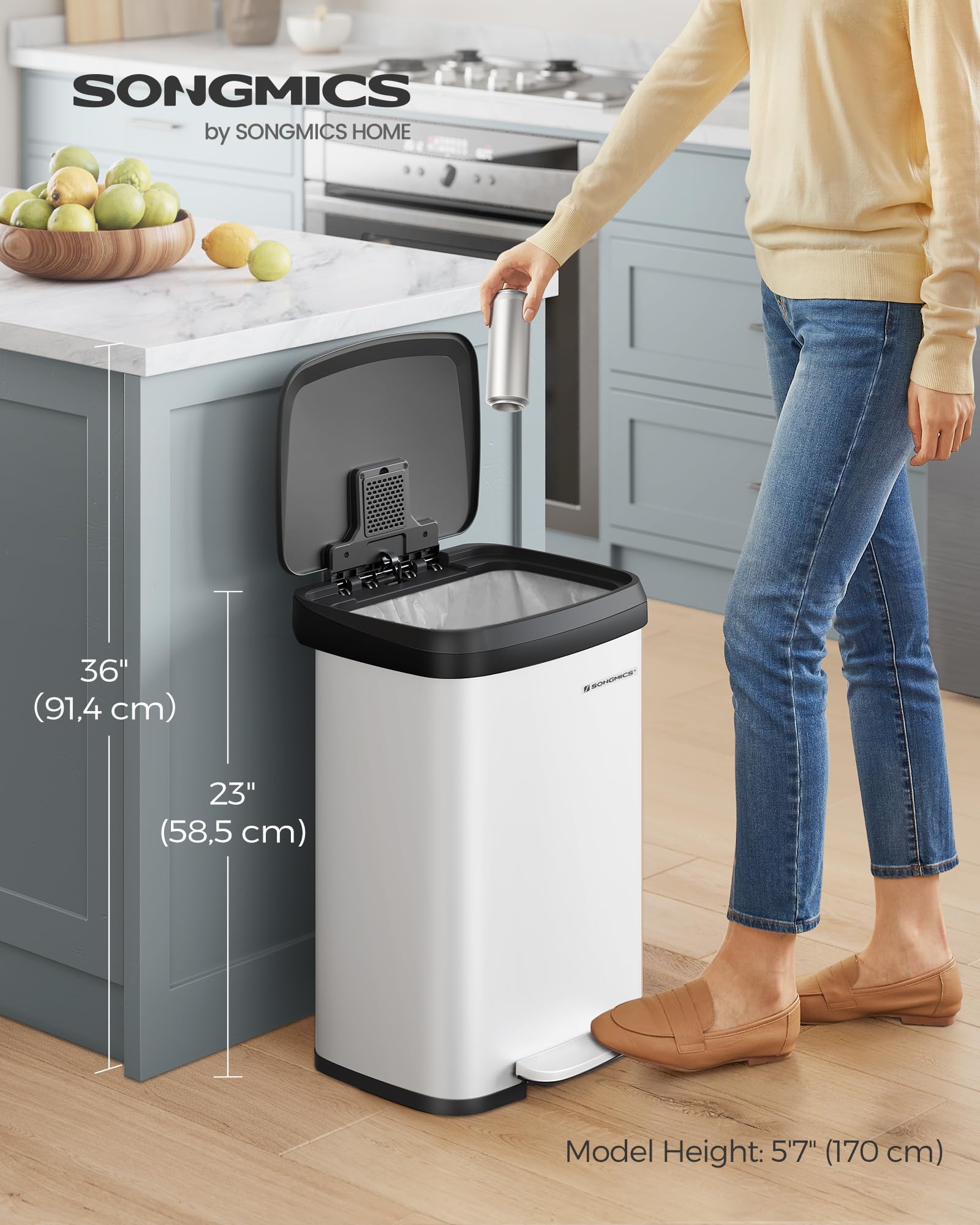 SONGMICS Kitchen Trash Can, 13 Gallon (50 L) Stainless Steel Garbage Can, with Stay-Open Lid and Step-on Pedal, Soft Closure, Tall, Large and Space-Saving, White and Black ULTB530W50