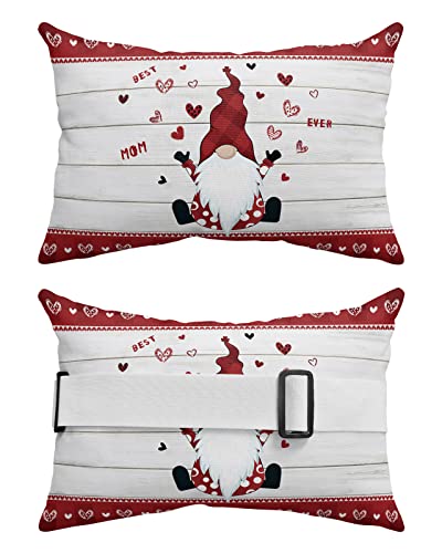 Recliner Head Pillow Ledge Loungers Chair Pillows with Insert Happy Mother's Day Cute Gnome Love Heart on Rustic Wooden Grain Lumbar Pillow with Adjustable Strap Patio Cushion for Bench Couch, 2 PCS