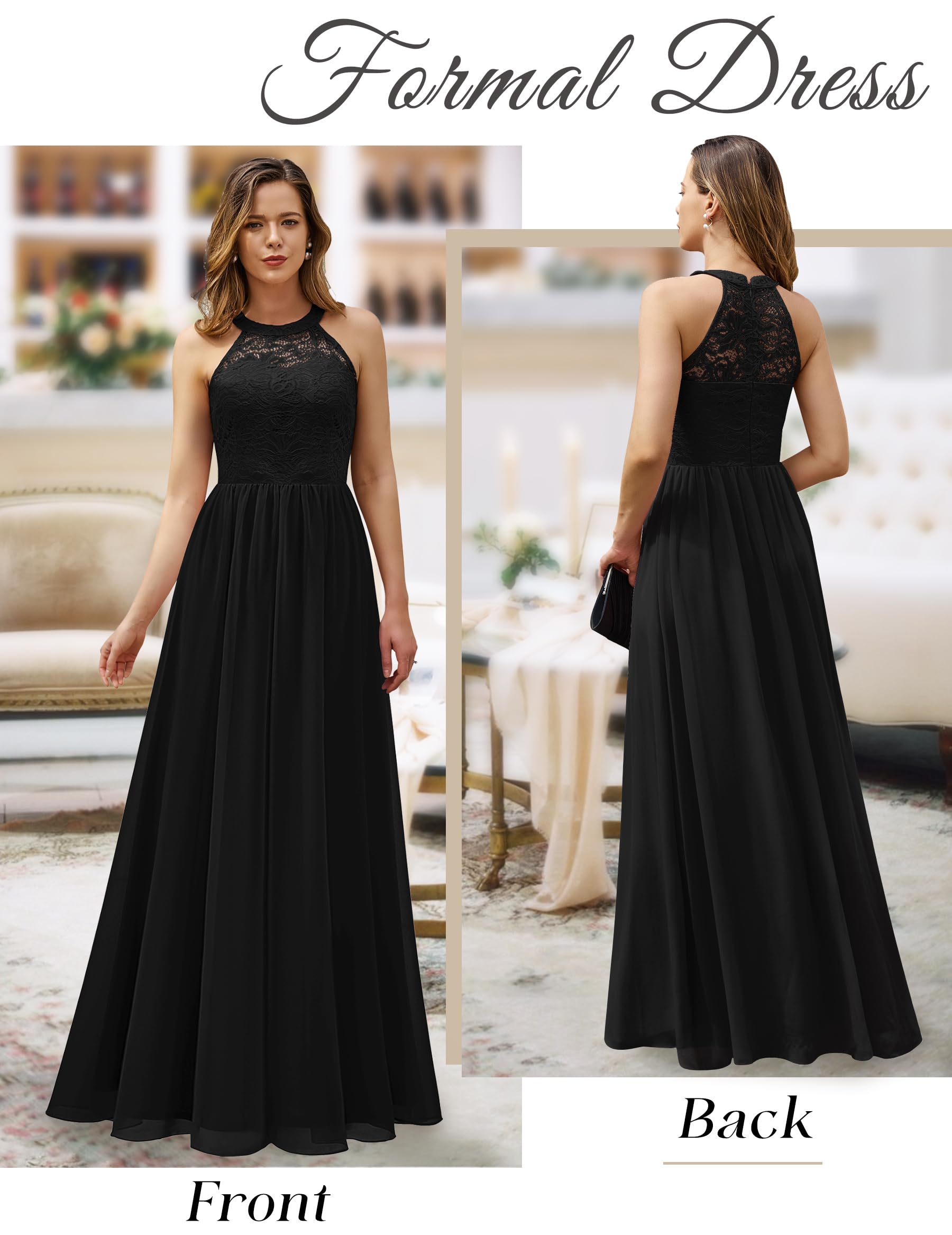 Wedtrend Halter Floral Lace Long Chiffon Wedding Bridesmaid Dress Cocktail Party Gown WT0201Black2XL