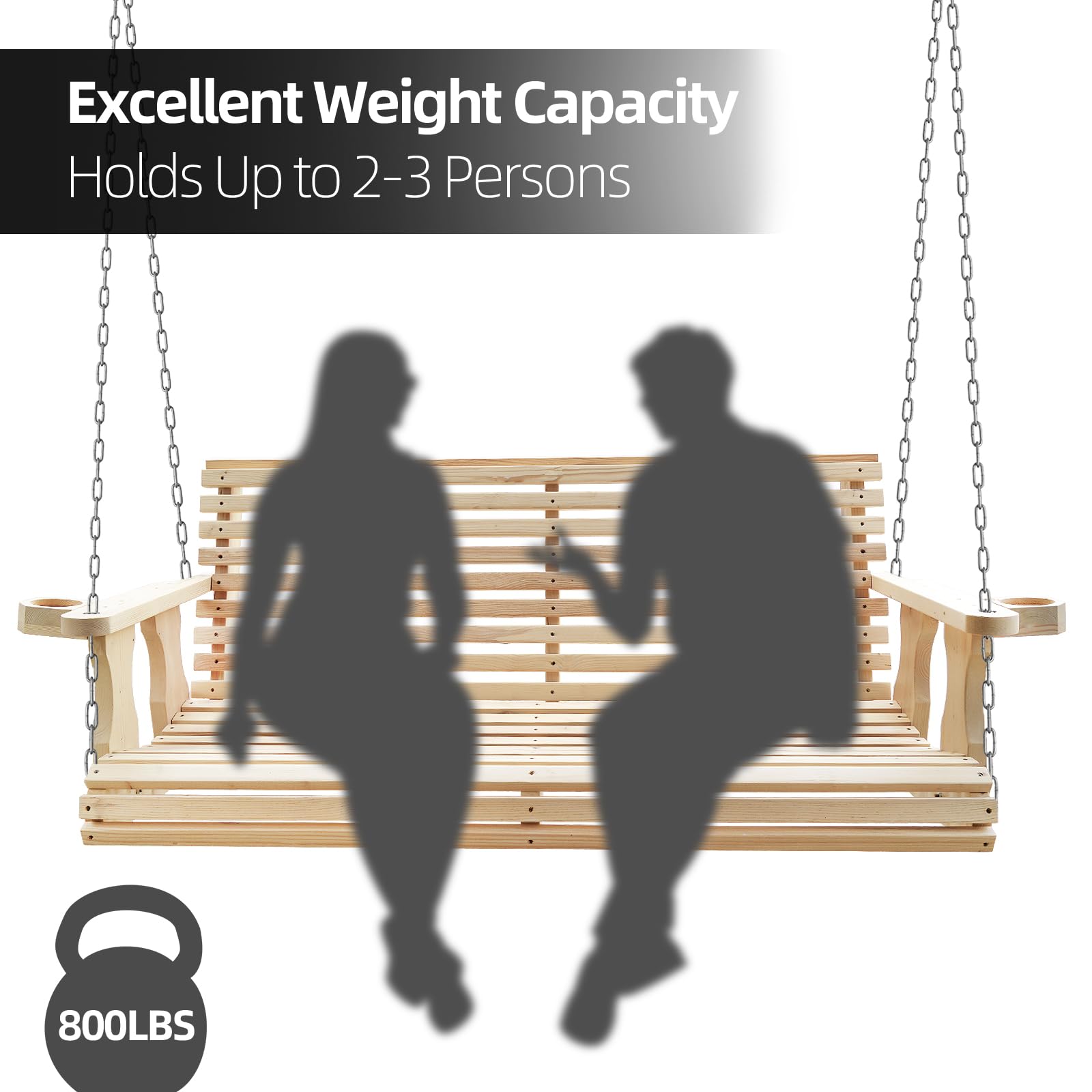 Beneouya Porch Swing Outdoor, 5.5FT Heavy Duty 800lbs Wooden Hanging Swing Bench with Cupholders and Hanging Chains for Front Porch Garden Deck Patio Backyard Balcony