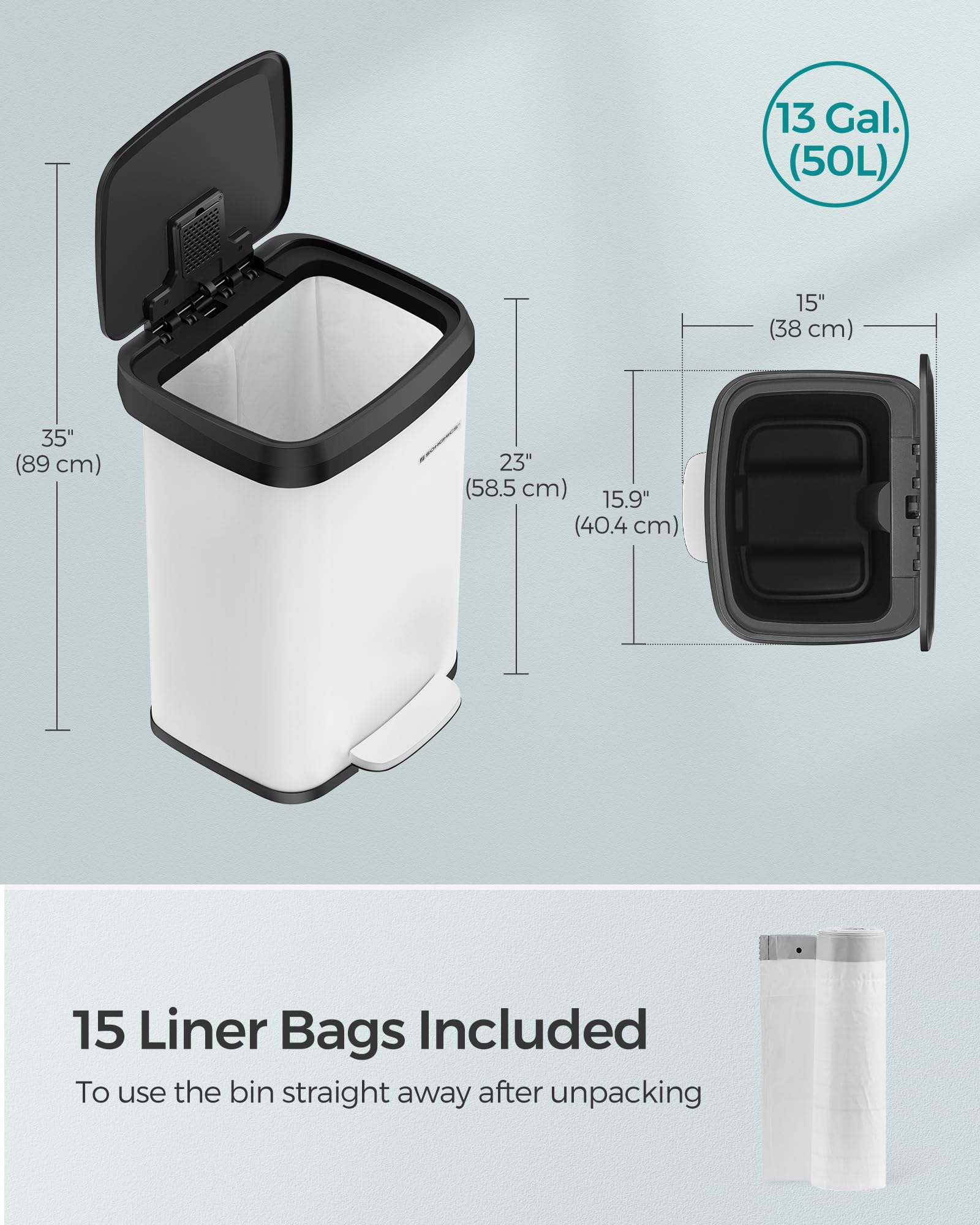 SONGMICS Kitchen Trash Can, 13 Gallon (50 L) Stainless Steel Garbage Can, with Stay-Open Lid and Step-on Pedal, Soft Closure, Tall, Large and Space-Saving, White and Black ULTB530W50