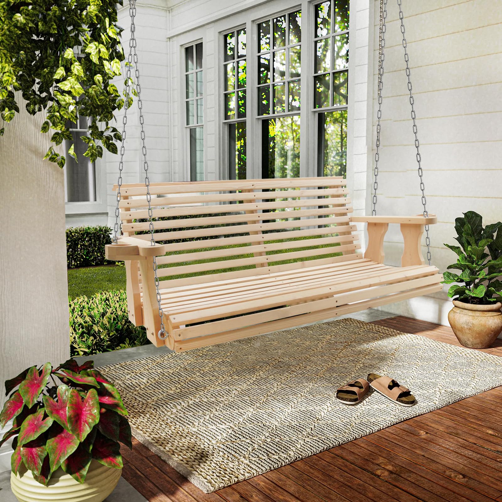 Beneouya Porch Swing Outdoor, 5.5FT Heavy Duty 800lbs Wooden Hanging Swing Bench with Cupholders and Hanging Chains for Front Porch Garden Deck Patio Backyard Balcony