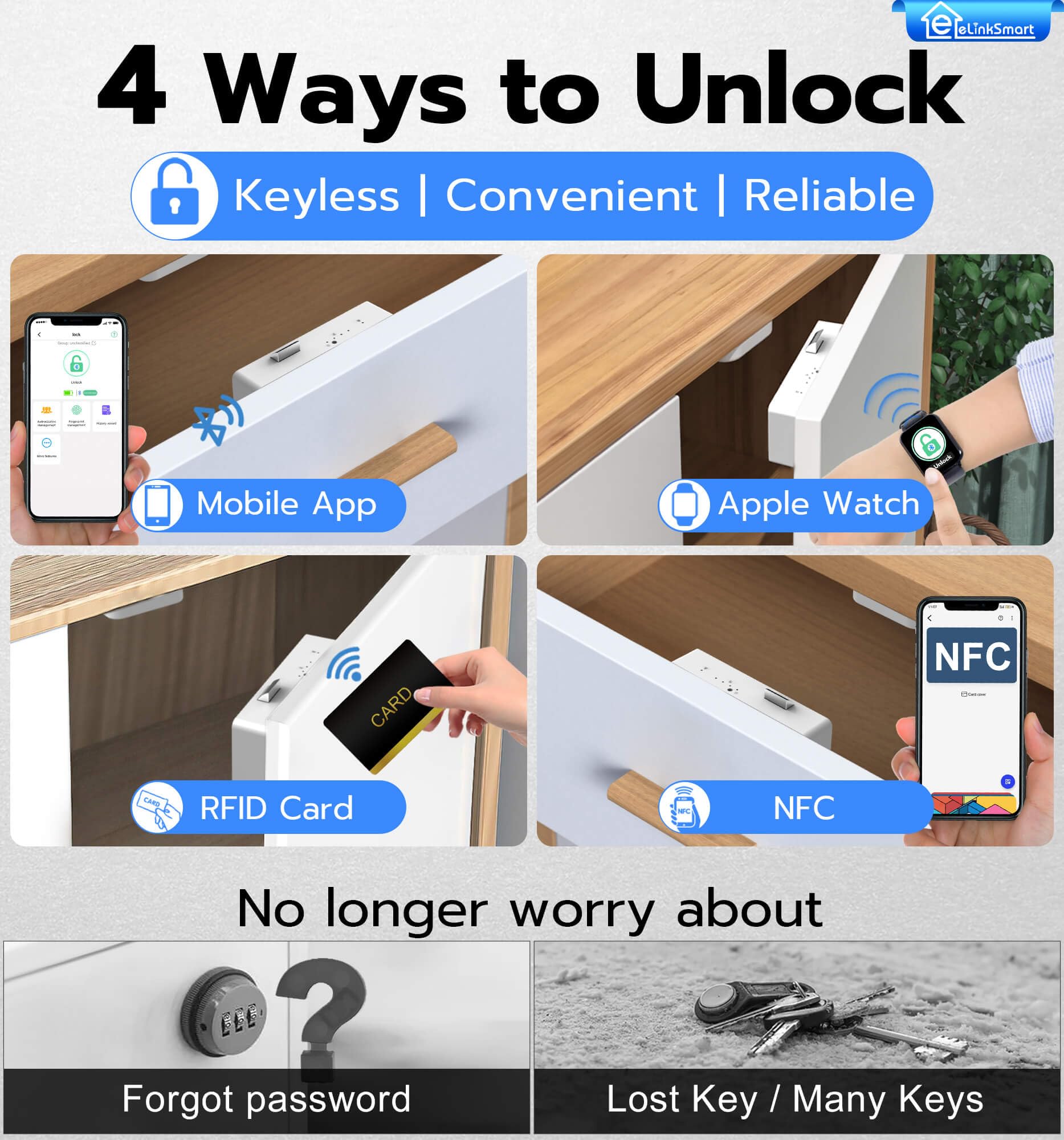 eLinkSmart Smart Cabinet Lock, Hidden No Drill Adhesive Magnetic Baby Proofing Child Proof Drawer Locks, Keyless RFID Bluetooth Cabinet Locks for Adults File Kitchen Cupboard Closet Liquor - White